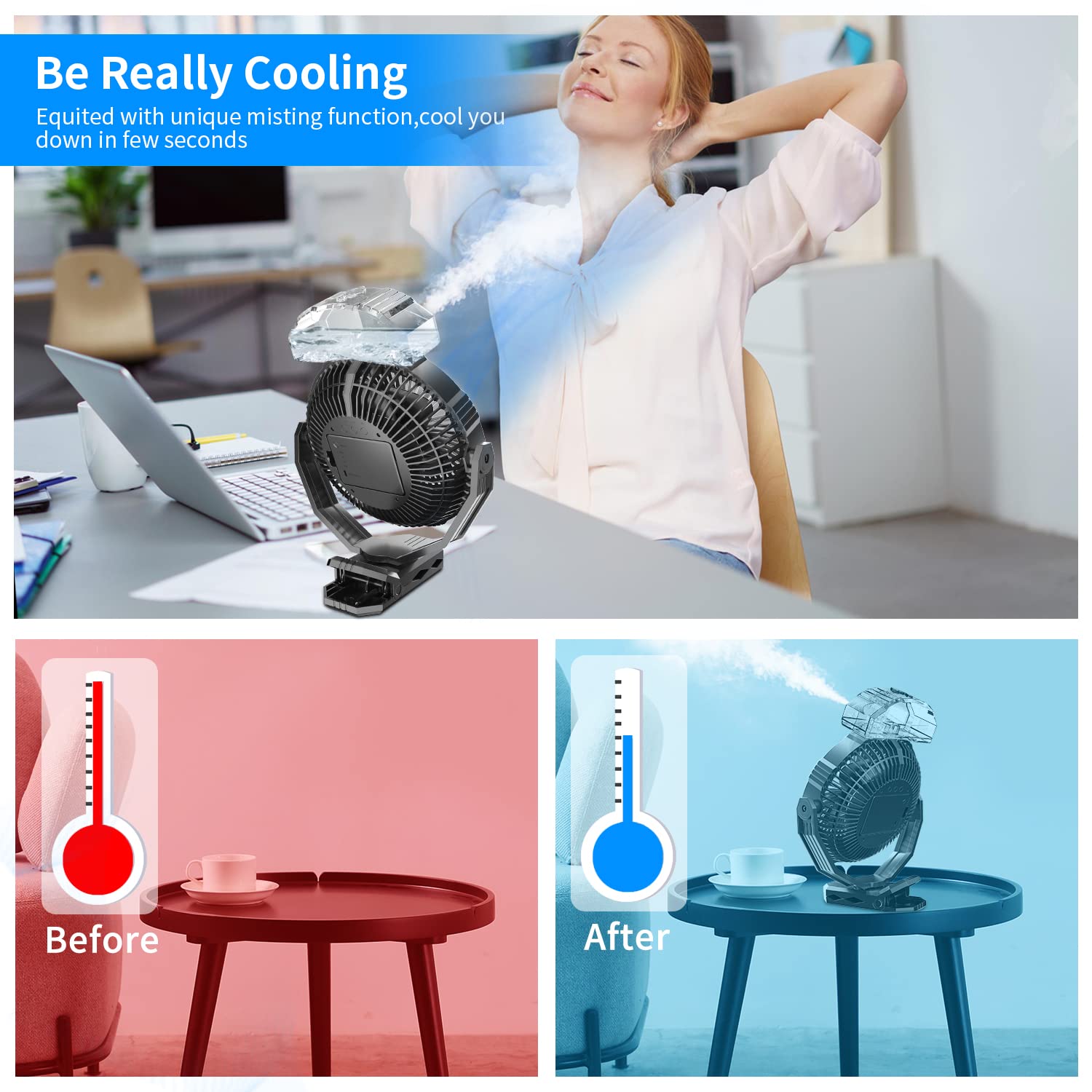 10000mAh Misting Fan Portable with Detachable Water Tank 400ml, 8 Inch Powerful Cool Mist Clip Fan, Battery Operated Rechargeable Fan, 2 Mister Modes, Sleep Timer, LED Lights, for Golf Cart, Outdoors