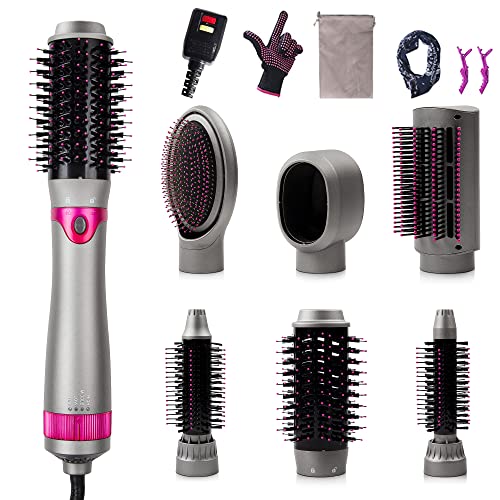 6 in 1 Hair Dryer Brush, Blow Dryer Styler with Negative Ionic Electric Hot Air, Detachable Hair Straightener & Curly Comb, Gifts for Women & Girlfriends, Gray and Pink