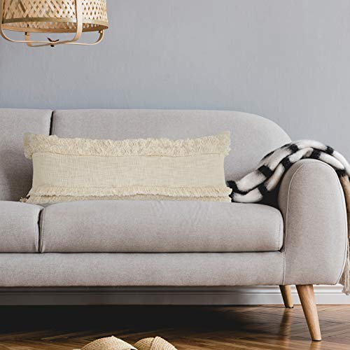 LR Home Beverly Fringed Solid Lumbar Throw Pillow, 1 Count (Pack of 1), Cream