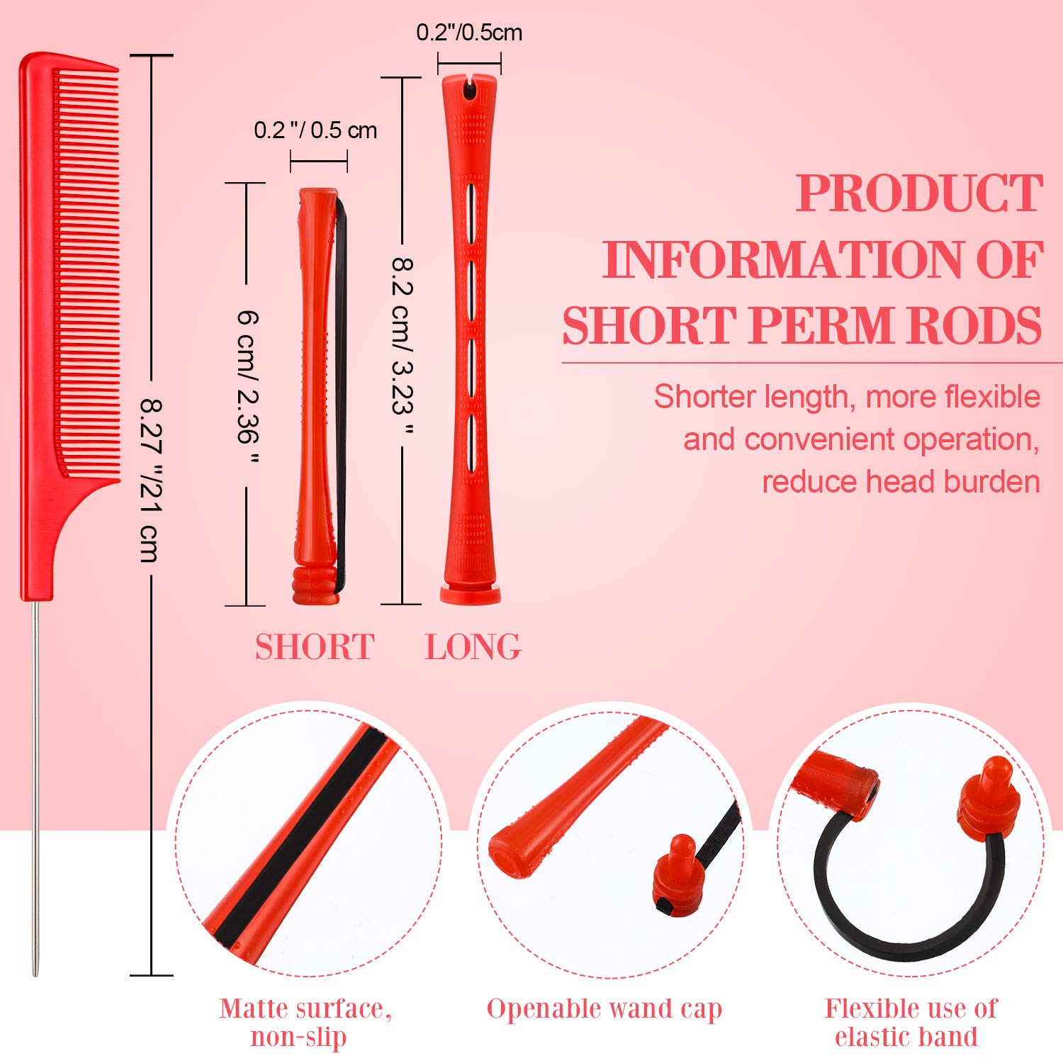60 Pieces Short Hair Perm Rods Plastic Cold Wave Perming Rods Hair Curling Rollers Curlers with Steel Pintail Comb Rat Tail Comb for Hairdressing Styling Supplies(0.2 Inch,Red)