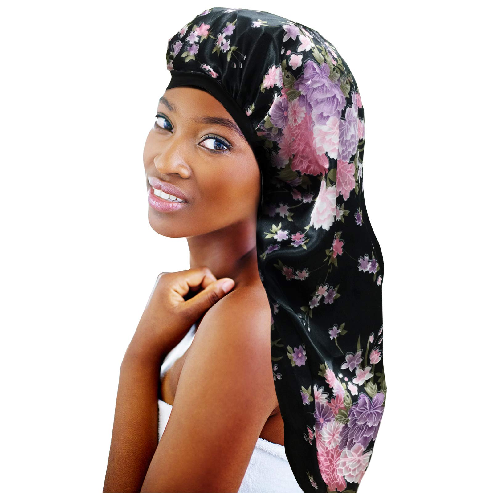 2Pcs Long Satin Bonnet Sleep Cap,Extra Large Braids Bonnets for Sleeping,Long Hair,Soft&Comfortable Elastic Band Bonnets for Women Night Sleep,Hair Bonnets for Women Satin (Black+Pink Pattern)