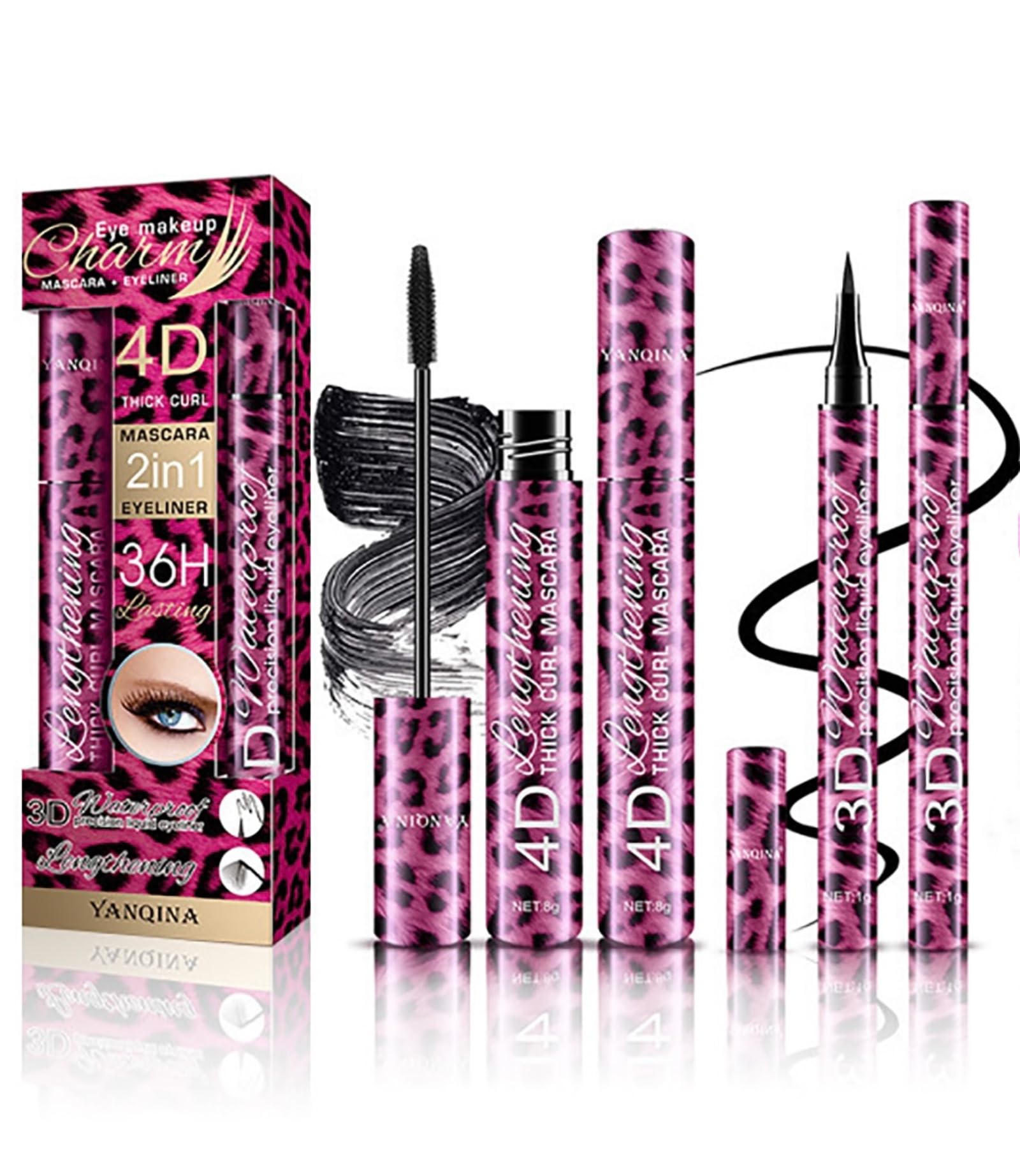 4D Silk Fiber Eyelash Waterproof Mascara and Eyeliner Set Ultimate Black Volume and Length Lengthening Mascara Ultra Black Eyeliner