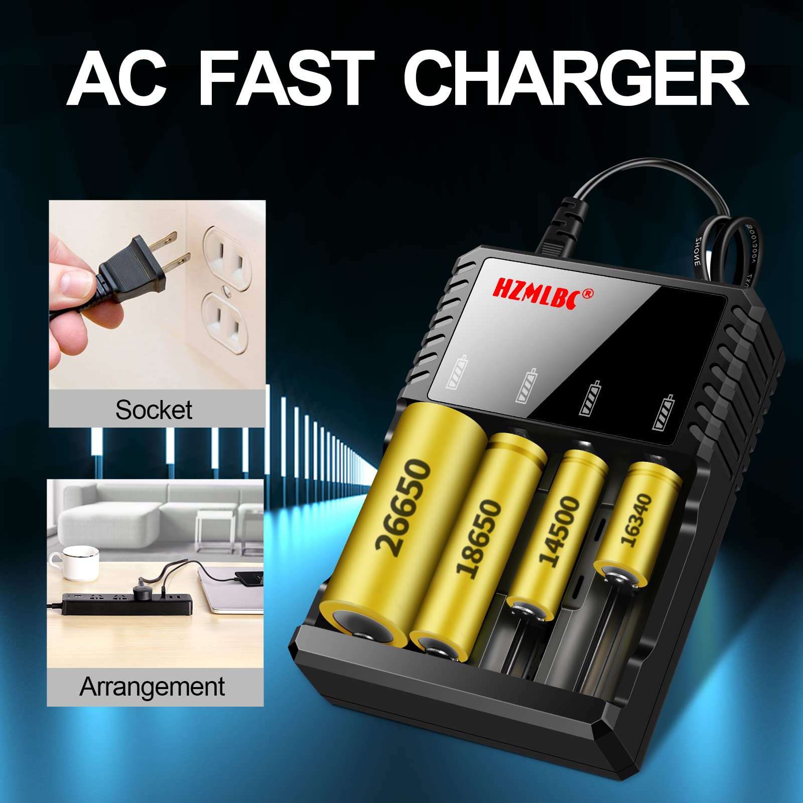 18650 Battery Charger Universal Smart Charger with LED Indicator for 3.7V Li-ion 26650 18500 16650 14500 Rechargeable Batteries (4-Slot)