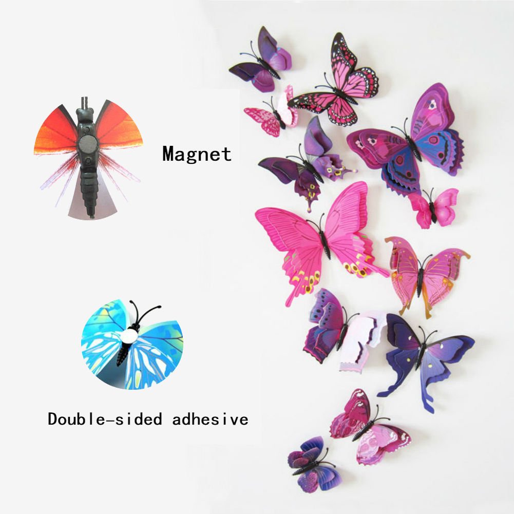 AKOAK 24 Pcs 3D Butterfly Wall Stickers, Double-Layer Wing Butterfly Art Decor Decals with Magnet and Double-Sided Adhesive for Room Home Nursery Decor,Pink/Purple