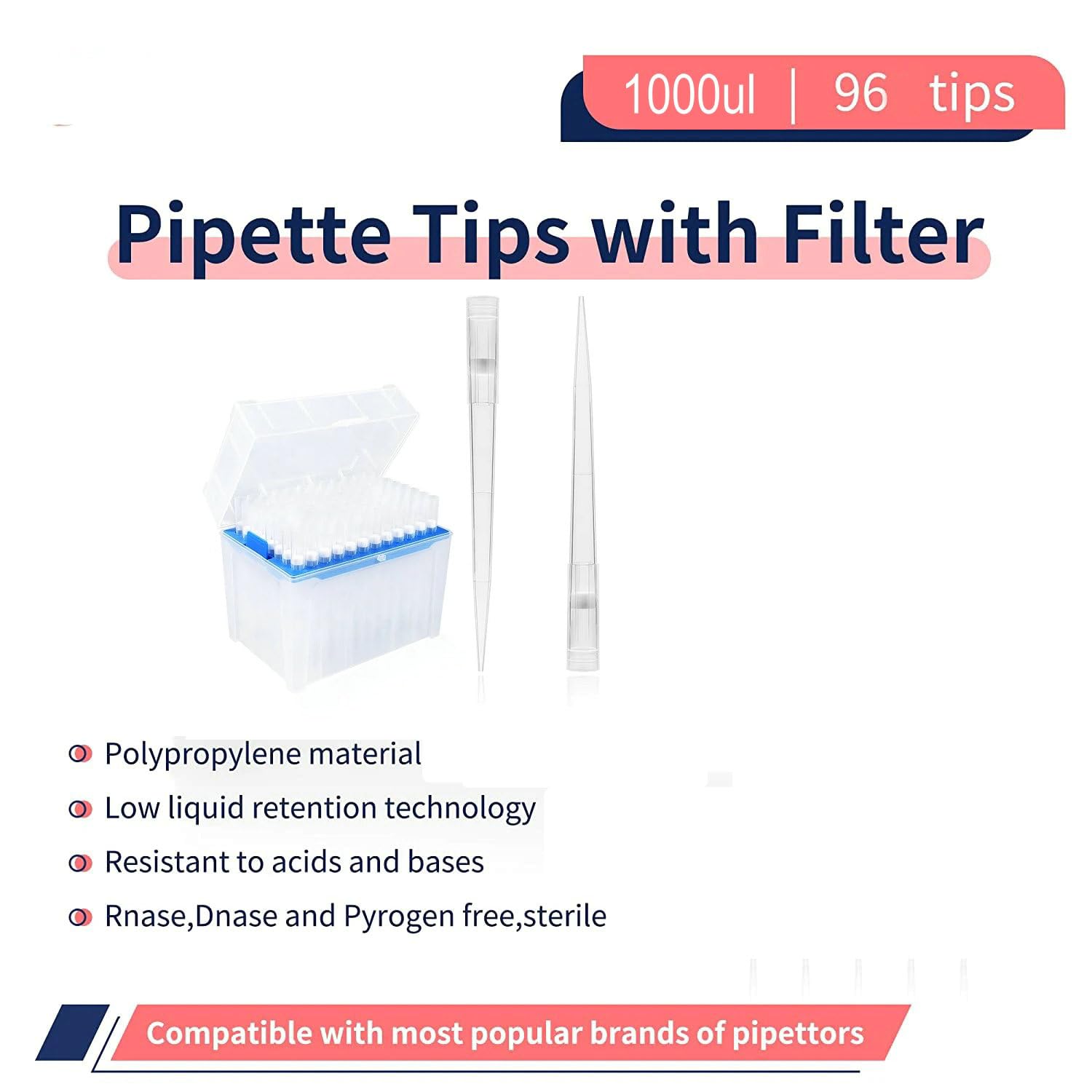 1000ul Filter Pipette Tips - Universal Pipette Tips,with Box RNase/DNase Free & Pyrogen Safe, 96 Tips/Rack Pk x 10 Racks (960 Tips)