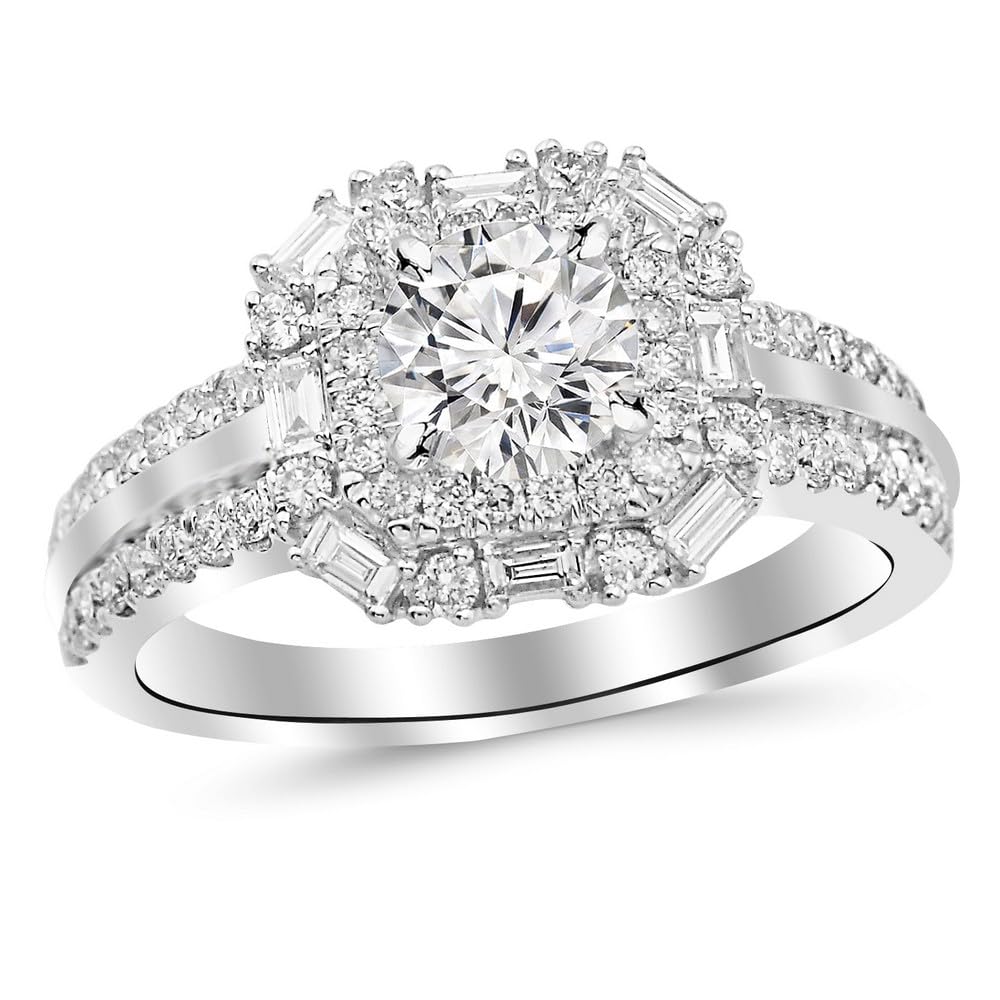 1.75 Ctw Radiant Cut Double Row Baguette and Round Halo 14K White Gold Diamond Engagement Ring (H-I Color I1-I2 Clarity 1 Ct Center)