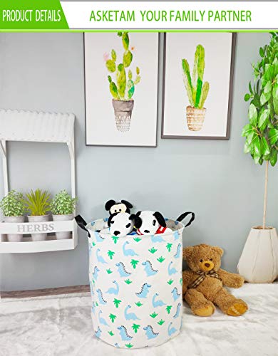 ASKETAM Fabric Laundry Basket Canvas Laundry Hamper for Dirty Clothes Toy Organizer Kid Nursery Room Decor Basket (Blue dinosaur)
