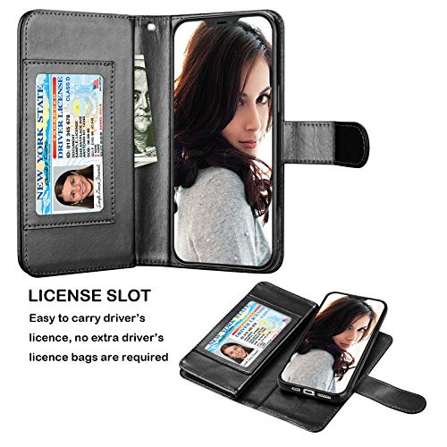 NJJEX Compatible with iPhone 12 Mini Case/iPhone 12 Mini Wallet Case 5.4" (2020), [9 Card Slots] PU Leather ID Credit Holder Folio Flip [Detachable] Kickstand Magnetic Phone Cover & Lanyard [Black]