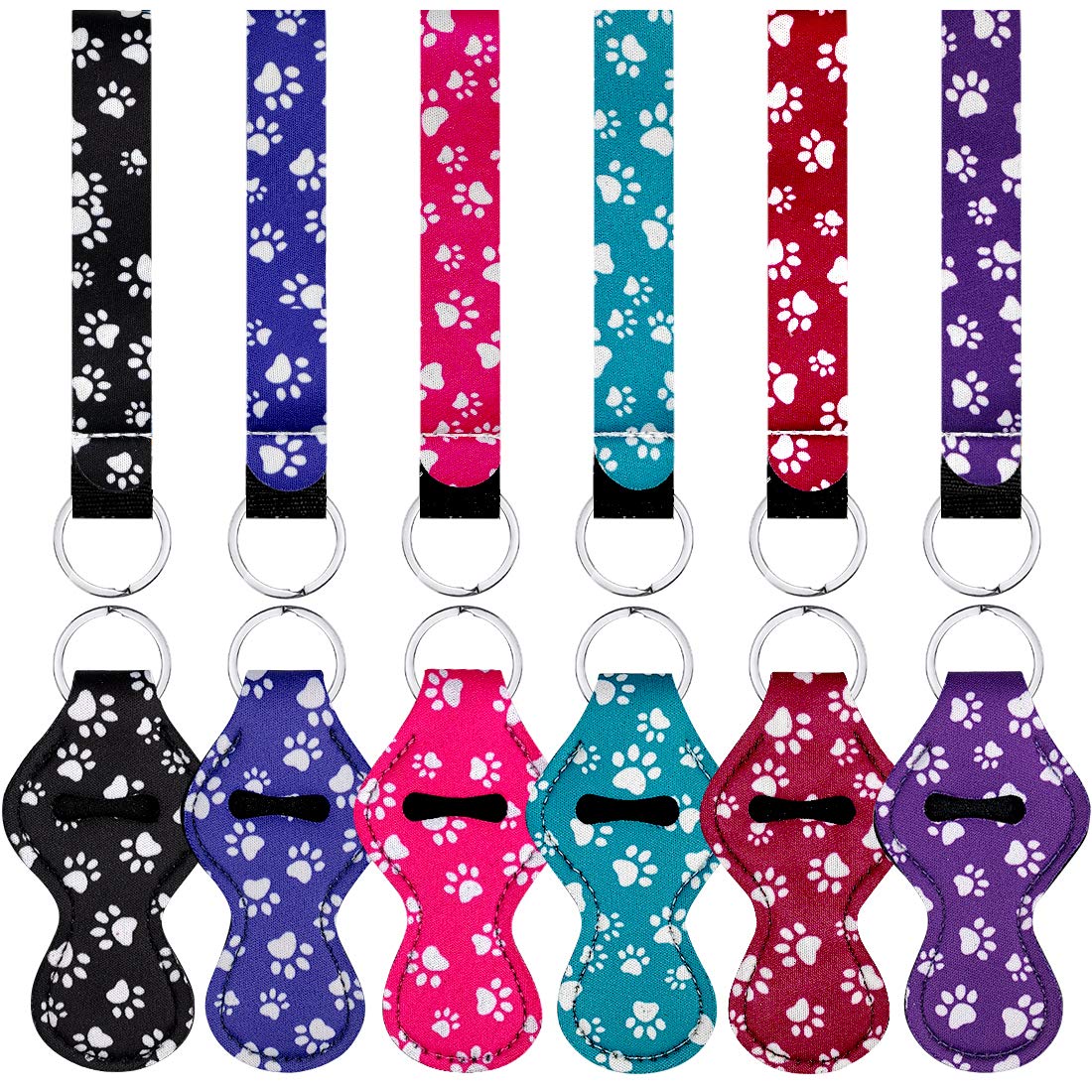 6 pcs Chapstick Holder Keychains with 6 pcs Neoprene Wristlet Keychain Lanyards, Vibrant Colors Lip Balm Keychain Holder, Chapstick Keyring Holder Portable Lipstick Holder Keychains (C 6 pairs)