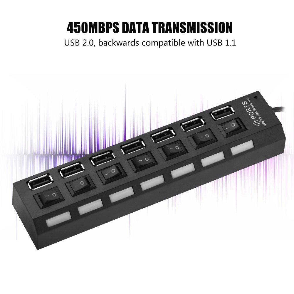 7 Port USB Hub, 480Mbps USB2.0 Hubs with Independent Switch 7 Port Socket USB Splitter Converter No Conflict Plug and Play USB Data Hub Splitter For Mobile Phone, Tablet Pc, Keyboard, Mouse
