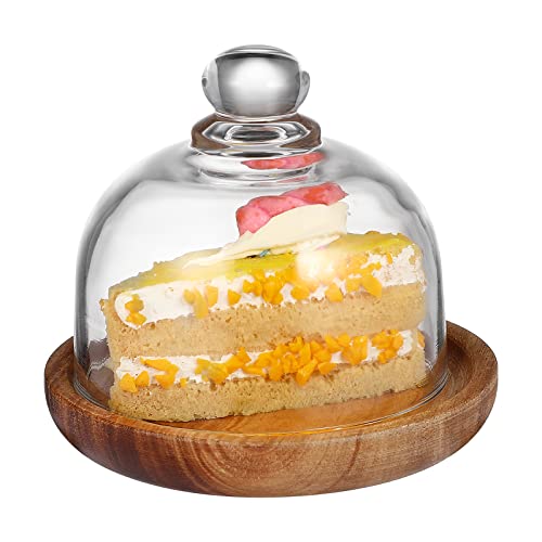Cabilock Wooden Cheese Dome Mini Cheese Plant Platter with Glass Top and Wooden Base Rustic Decorative Cheese Mini Cake Platter Air Plant Terrarium(4.13 x 3.74 x 3.15 inches/12 x 11x 9cm)