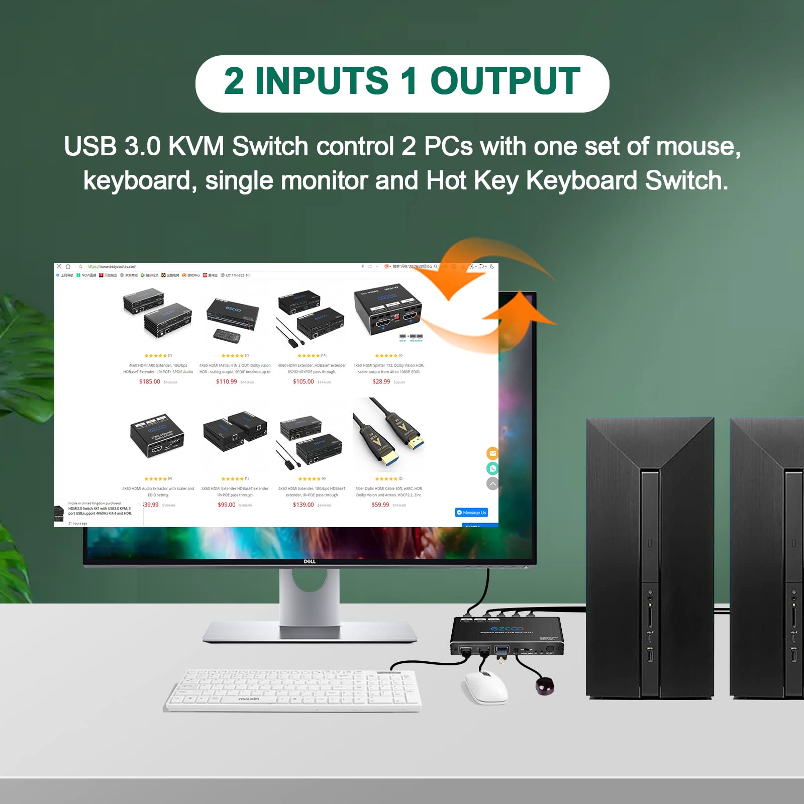 USB 3.0 KVM Switch HDMI 2 Computer 1 Monitor HotKey 4K60 4:4:4 HDR Atmos - 2 PCs Share Keyboard Mouse Printer Scanner Mac Windows,HDCP Pass, 2 USB3.0 Cable,USB Selector SW21KVM