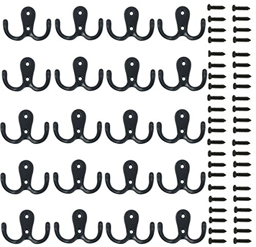 20 Pieces Double Prong Robe Hook Rustic Hooks Retro Cloth Hanger Coat Hanger Heavy Duty Double Prong Coat Hooks Wall Mounted Utility Hook with 44 Pieces Screws (Black Color)