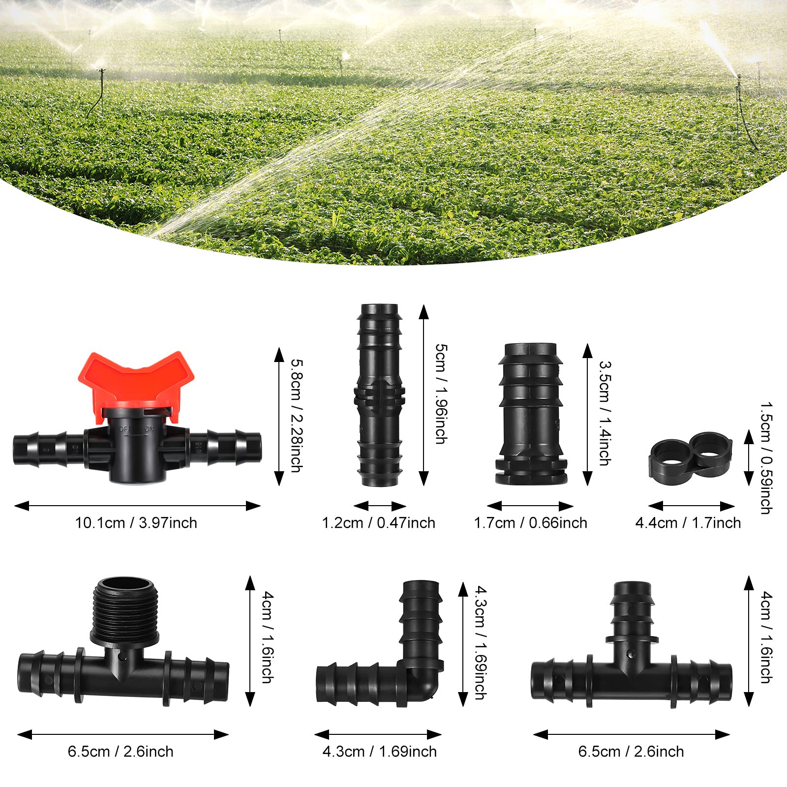 52 Pieces Drip Irrigation Fitting Kit Irrigation Barbed Connector for 1/2 Inch Tubing 4 Switch Valve, 8 Coupling, 8 Tee, 8 Elbow, 8 End Closure, 8 Plug, 8 16 to 4 Point Tee Connector