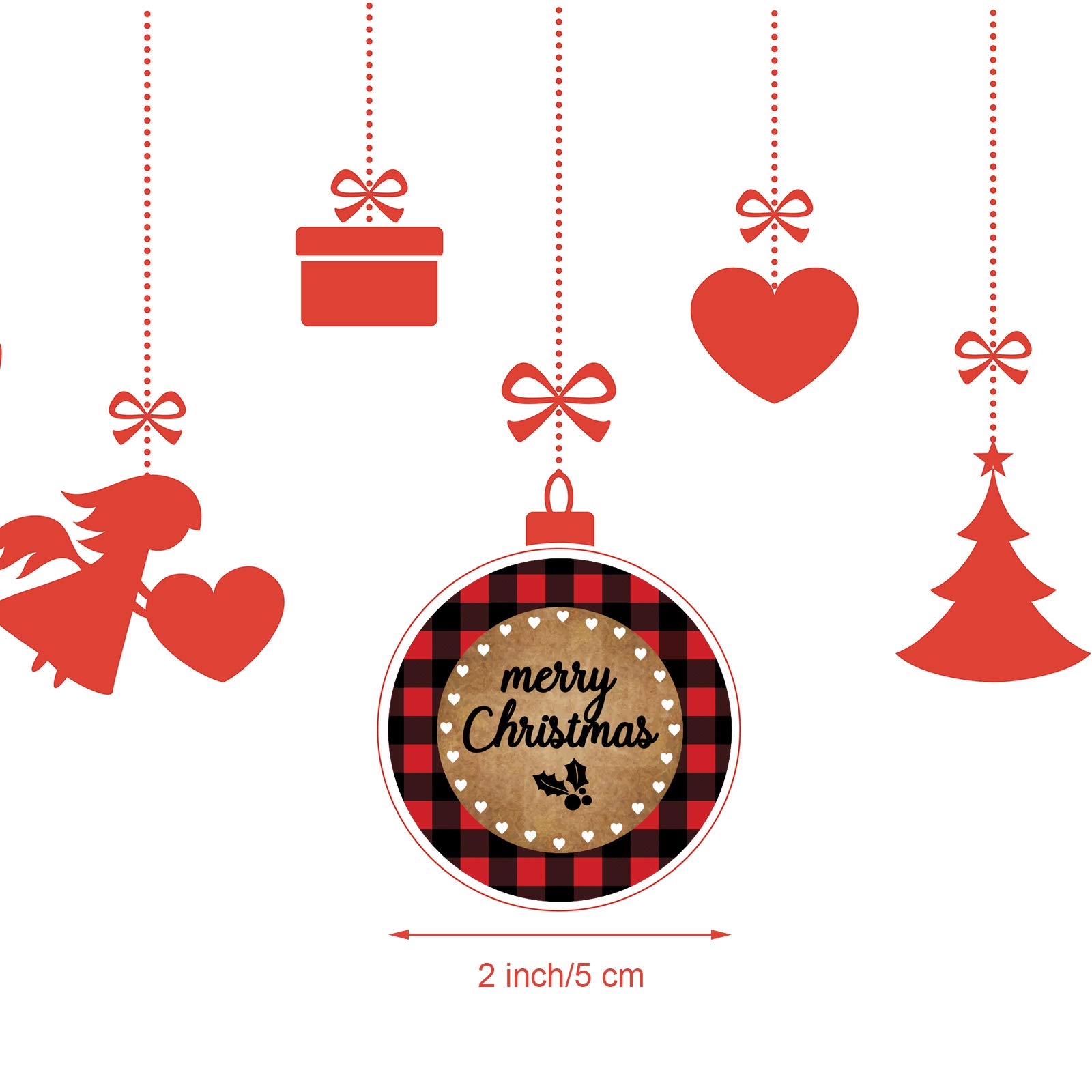 600 Pieces Merry Christmas Stickers Buffalo Plaid Kraft Stickers 2 Inch Christmas Round Labels for Decoration Present Sealing, 8 Styles (Red and Black Plaid)