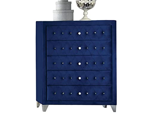 Acme Furniture 5 Drawers Velvet Chest with Button Tufted, Blue
