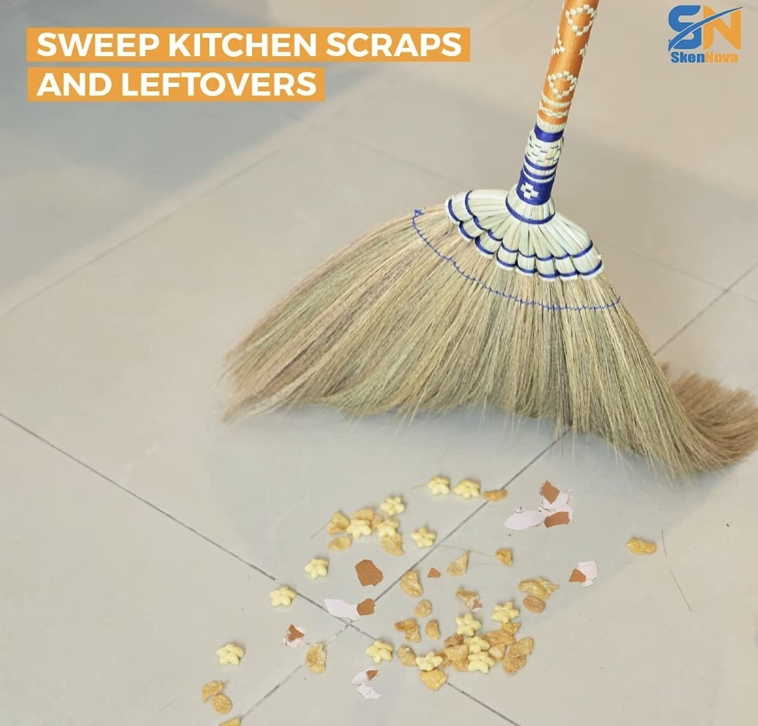 2 in 1 Natural Grass Broom Set by SN SKENNOVA -Traditional Sweeping Broom Thai Handmade Broom Handmade Kitchen Broom Asian Broom (26" 40")