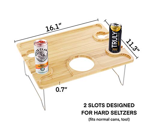 Comfort Theory Bamboo Wine Picnic Table | Collapsible Tray for Indoor & Outdoor Use | Perfect Wine Lover Gift | Folding Table with Wine Glass & Hard Seltzer Can Holders | Wine & Cheese Server