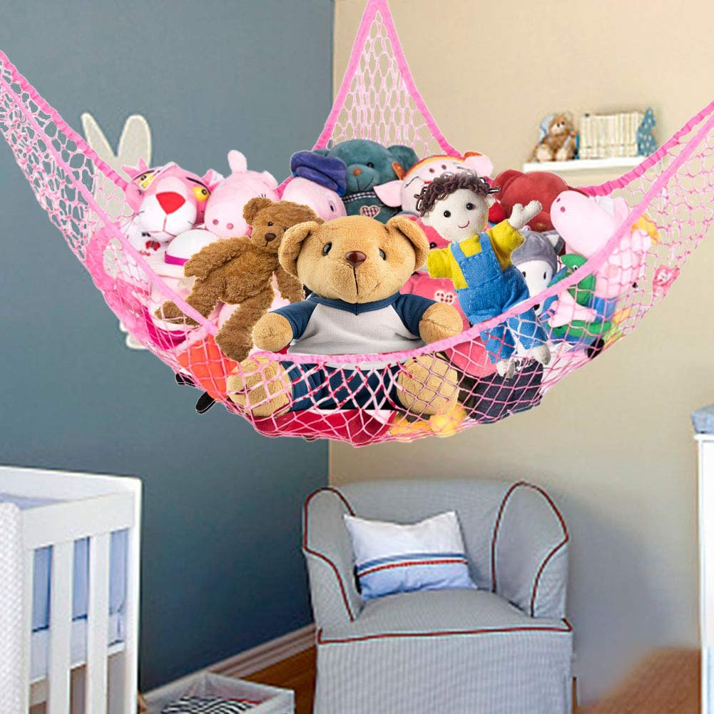 Toy Storage Hammock Net Wall Sling Corner Mesh Nets Stuffed Animal Organizer Storage Net Best for Keeping Rooms Clean for Kids Toys Toy is Durable and Easy to Install Pink