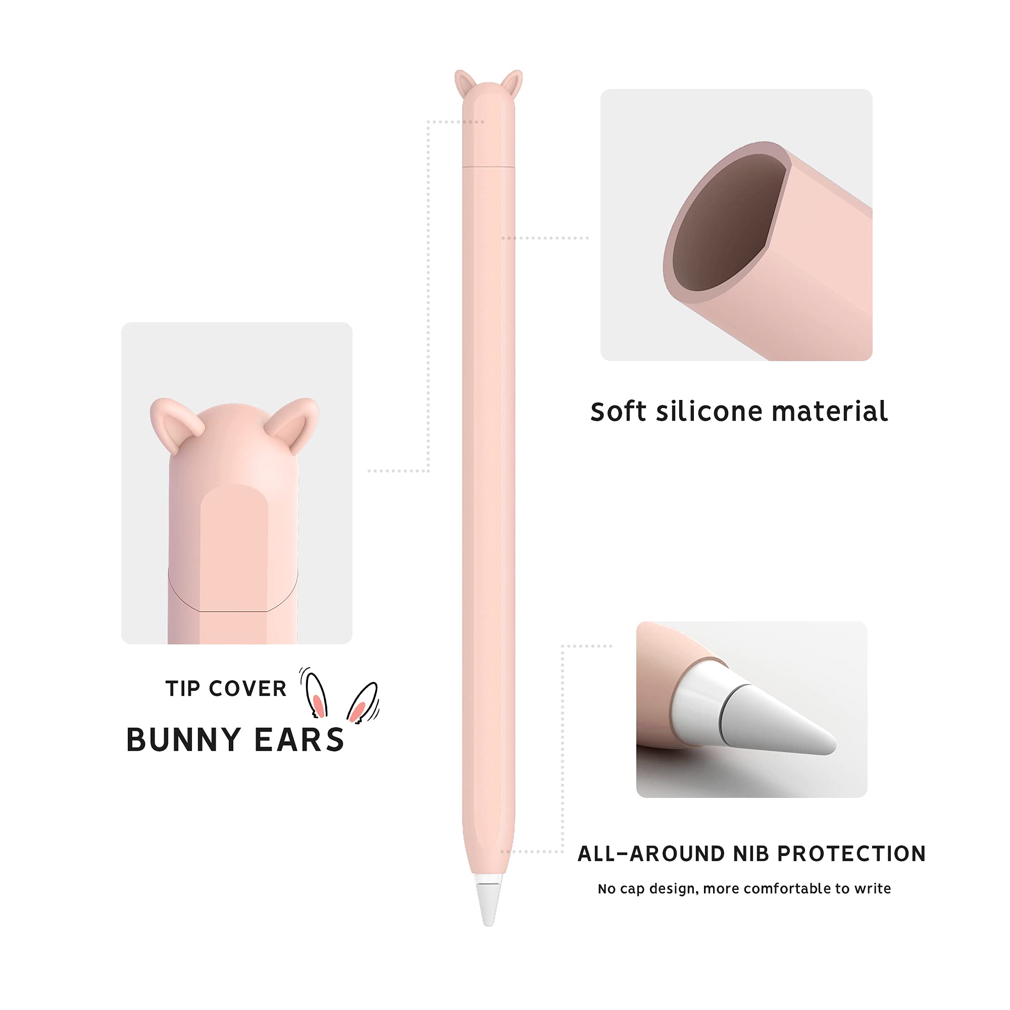 3 Pack Cute Ear Case Silicone Skin Cover for Apple Pencil 2nd Generation Accessories Compatible with iPad Pro 11 12.9 inch(White, Pink,Purple)
