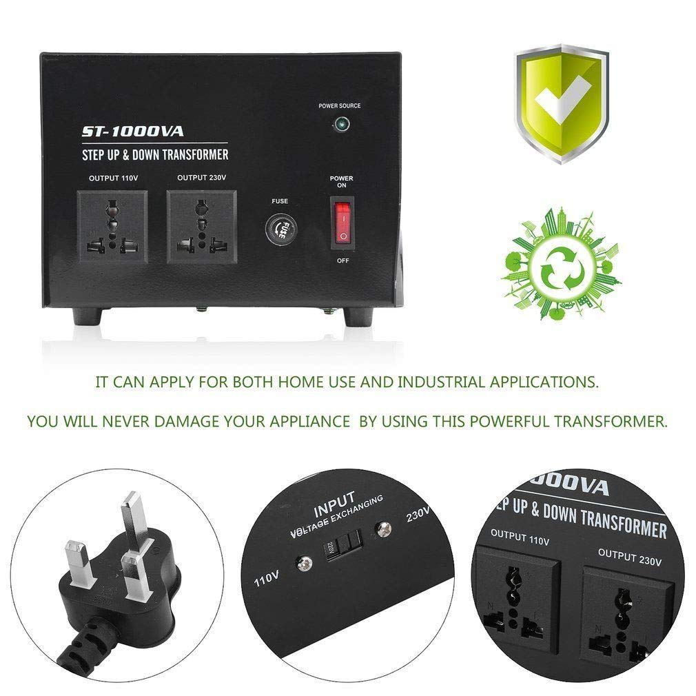 1000W Step Up/Down Voltage Transformer Converter - Step Up & Step Down 110V/220 Volt - Circuit Breaker Protection - CE Certified