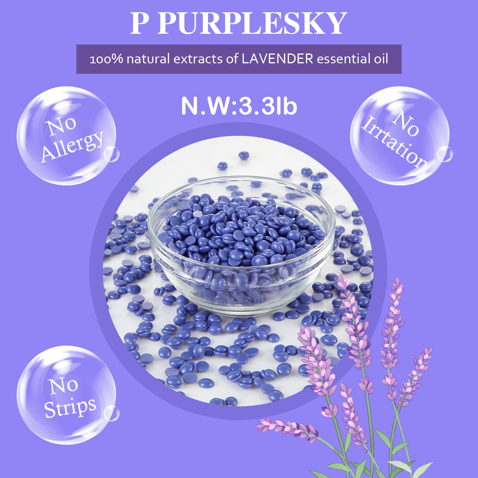 PURPLESKY Wax Beads, 3.3LB Coarse Hard Wax Beads Bulk for Hair Removal, Waxing Beads for Brazilian Bikini, Leg, Chest, Back, Lavender Scent