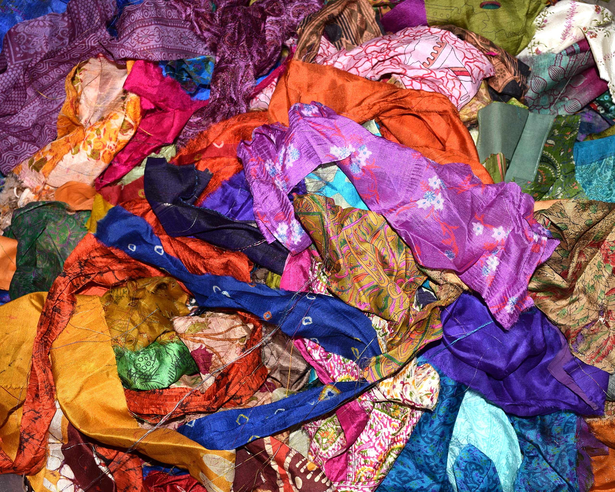 100g Silk Fabric Scraps, Recycled, Upcycled, Waste Remnants, Mystery Bag Lot, Mixed Fabric, Silk for Nuno