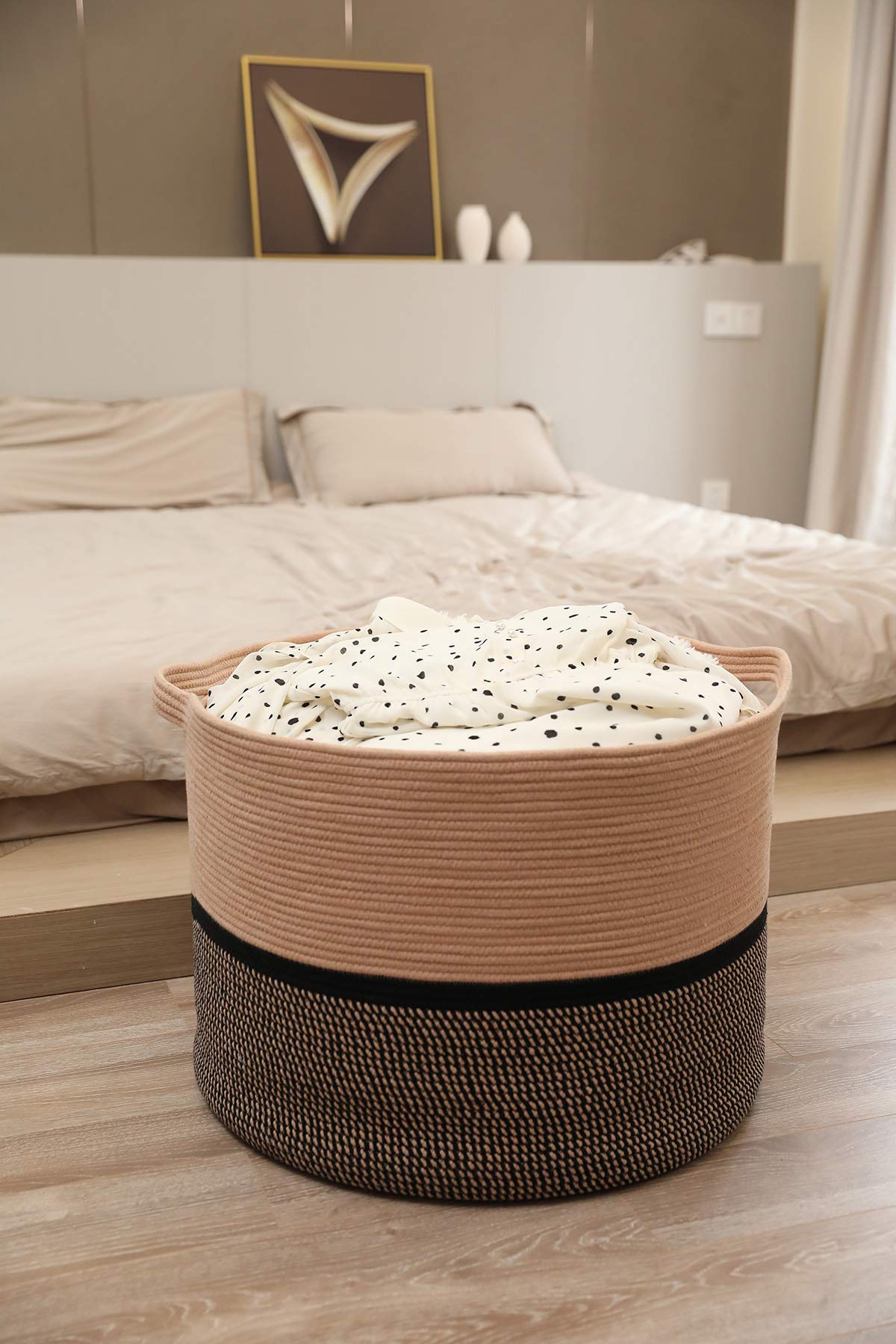 24" x 24" x 17" Max Size Large Cotton Rope Basket, Extra Large Storage Basket, Woven Laundry Hamper, Cloth Storage Bin, for Blankets Clothes Towels Pillows in Living Room, Beige Red/Black Mix