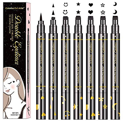 6 Styles/Set Pen Eyeliner Stamp Wing Liner, Waterproof, Double Sided & Long Lasting Eye Pencil, (Heart/Moon/Star/Flowers) Shape Stamp Pen, Super Slim Gel Felt Tip High Black Pigment (6PCS)