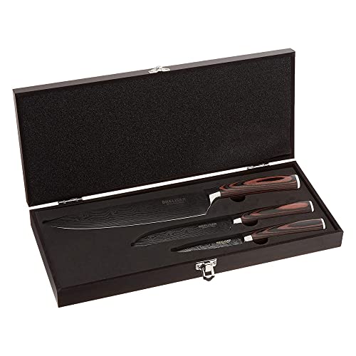 3-Piece Knives Set for Kitchen, Stainless Laser-Etched Damascus Knife Set With Professional Chef Knife, Santoku Knife, & Paring Knife, Kitchen Knifes In Luxury Wooden Box, Gifts for Chefs - Breliser