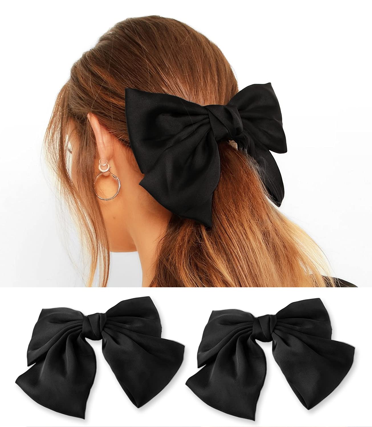 2 Pcs Large Hair Bow Clip Alligator Clips Hair Accessories for Women Girl (Black)