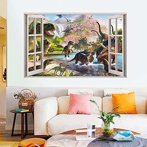 3D Watercolour Dinosaur World Fake Windows Wall Sticker,Peel and Stick Removable Decals for Kids Nursery Bedroom Playroom Living Room Decoration(27.55"x17.32")
