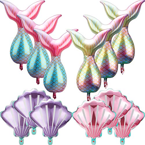 12 Pcs Mermaid Birthday Party Decorations Mermaid Tail Balloons Sea Shells Balloons Bright Colored Garland Arch Kit Ocean Helium Foil Balloons for Birthday Party Baby Shower Summer Beach Wedding