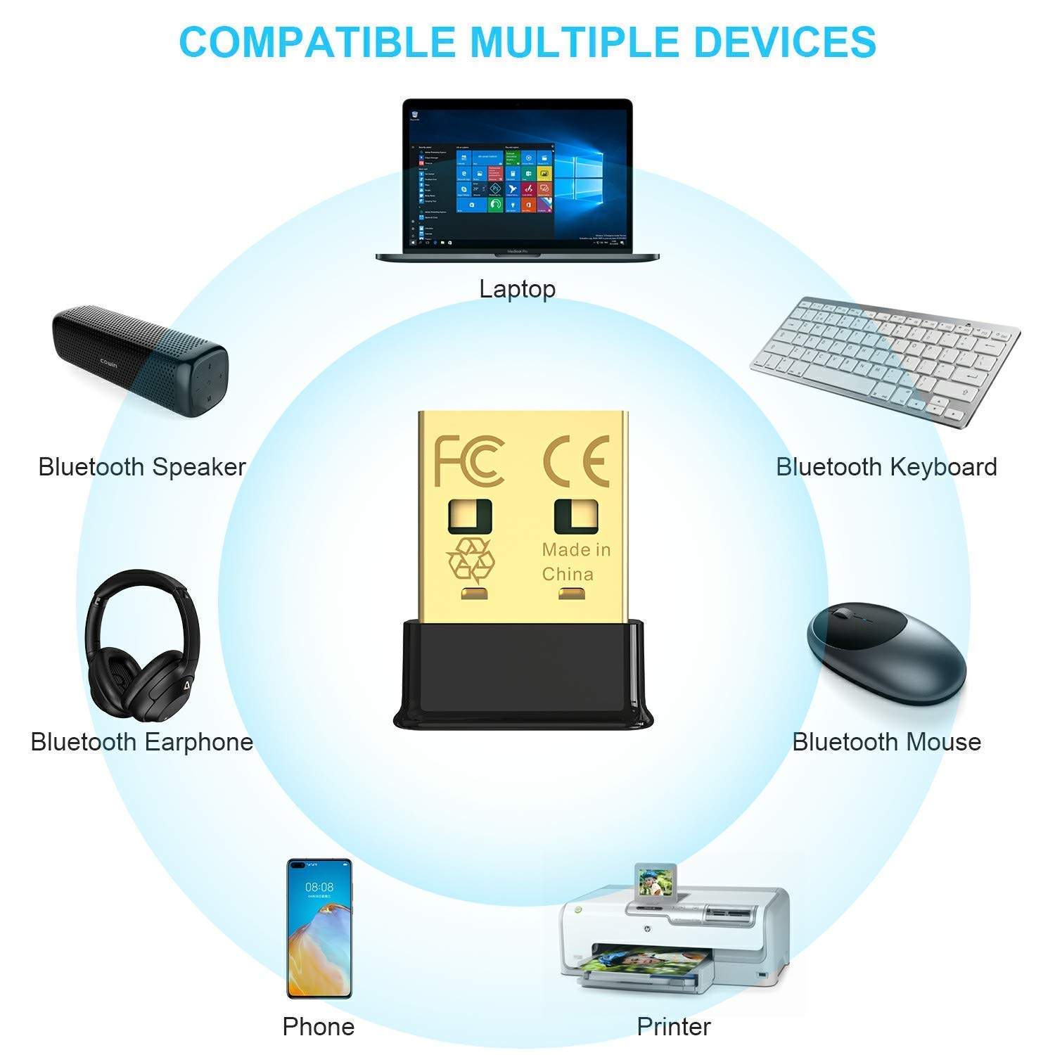 1Mii Bluetooth Adapter for PC, USB Bluetooth Dongle Adapter 5.0 + EDR, for Windows10/8/7 Desktop Laptop to Bluetooth Keyboard, Mouse, Printer, Headphones, Speakers