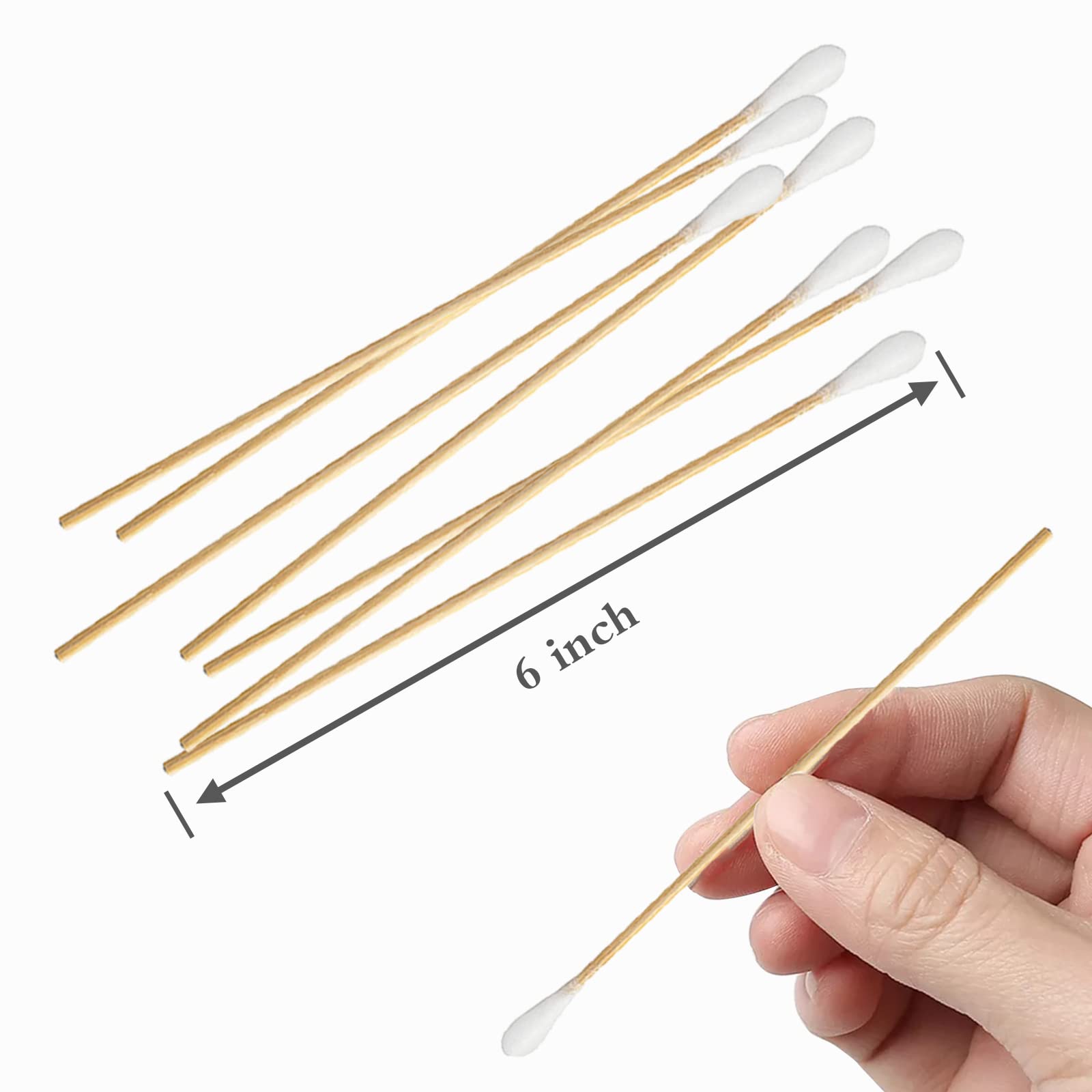 6'' Long Cotton Swabs 200PCS - Cotton Swabs Long Wooden Sticks - Long handle Swabs for Gun Cleaning, Ear Cleaning, Pets Care, Makeup