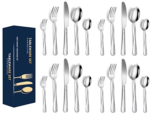 20-Piece Silverware Set for 4, JBGOYON Stainless Steel Flatware Set with Steak Knives, Mirror Polished Tableware Cutlery Set, Utensil Sets for Kitchen Include Knives Spoons Forks
