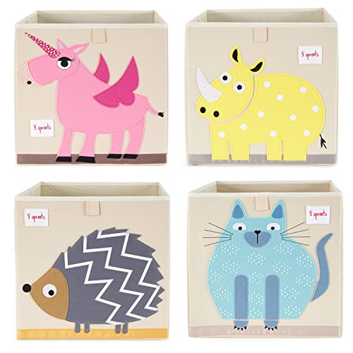 3 Sprouts Large 13 Inch Square Children's Foldable Fabric Storage Cube Organizer Box Toy Bin, Blue Cat, Pet Hedgehog, Pink Unicorn, and Yellow Rhino