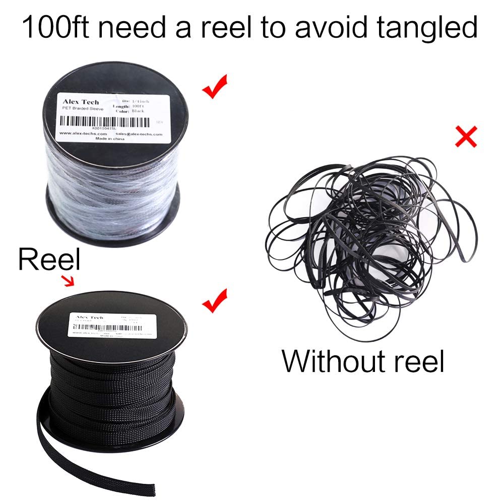 100ft - 1/2 inch PET Expandable Braided Sleeving – Black – Alex Tech Braided Cable Sleeve