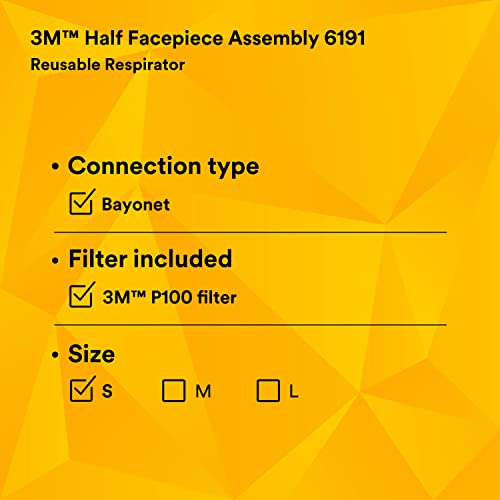 3M Half Facepiece Reusable Respirator Assembly Kit 6191, P100, Lightweight, Comfortable, Easy to Adjust, Includes 2091 Particulate Filter, Welding, Soldering, Asbestos