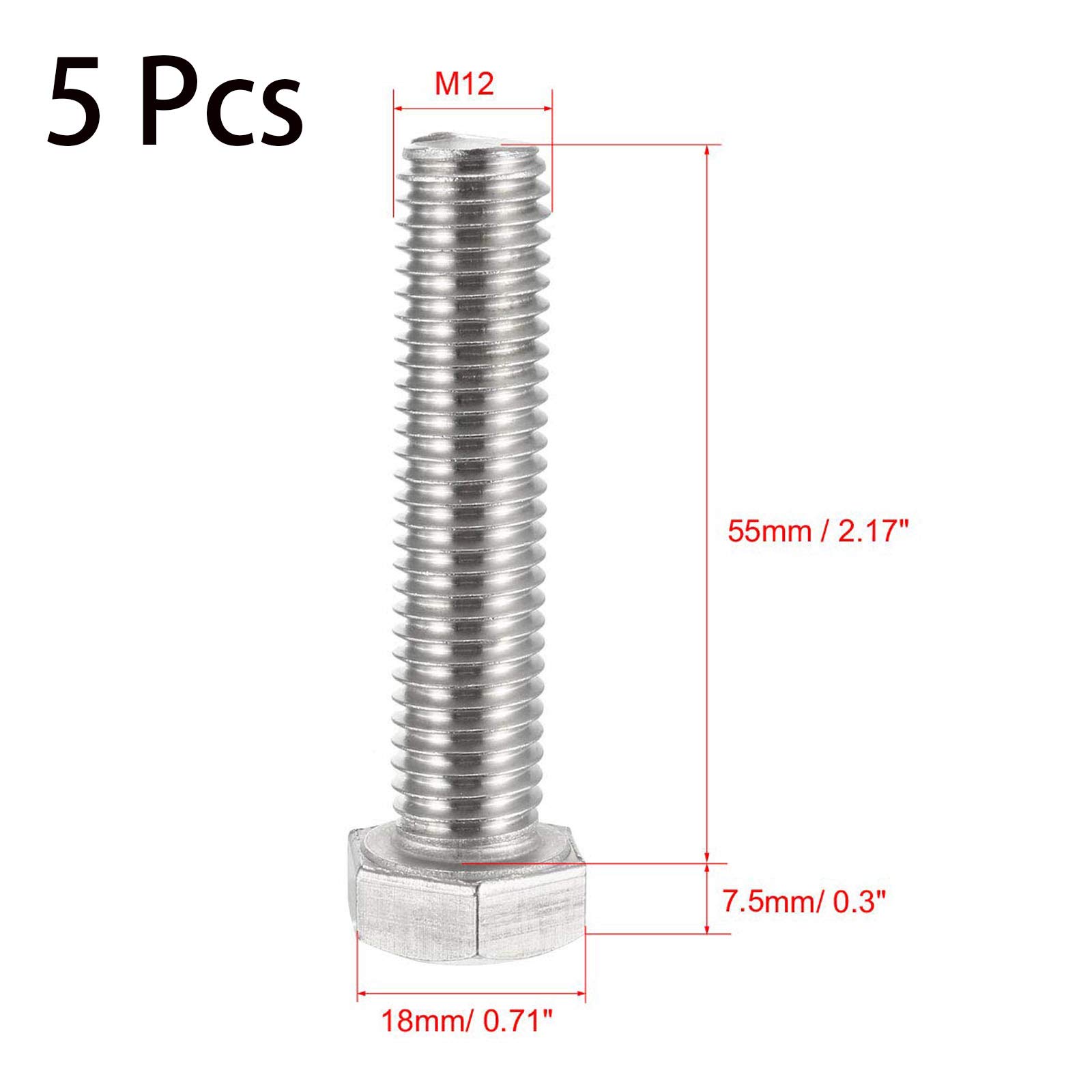 5 Pcs M12 Hex Bolt M12-1.75 x 55mm UNC Hex Head Screw Bolts A2-70(304) Stainless Steel Fully Threaded Hex Tap Bolts,Plain Finish,Fully Threaded (M12 x 55mm)