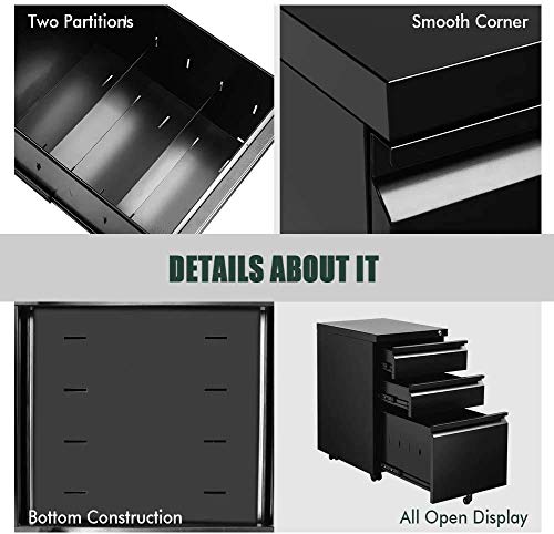 Black File Cabinet, 3 Drawer Mobile File Cabinet with Lock and Wheels, Under Desk Metal Filing Cabinet for Office,Lockable Rolling Cabinet with 2 Keys for Legal/Letter/A4 Size, Fully Assembled (A)
