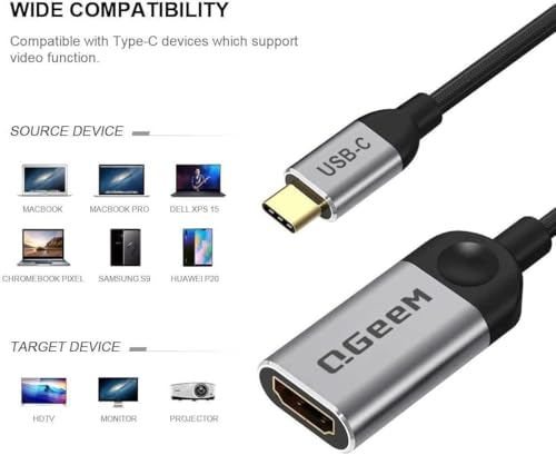 QGeeM USB C to HDMI Adapter 4K Cable, USB Type-C to HDMI Adapter [Thunderbolt 3/4] HDMI Adapter for Laptop MacBook Pro/Air, iPhone15 Pro max, Dell XPS, HP.Pixelbook, Thinkpad,Surface,Ipad Pro etc.
