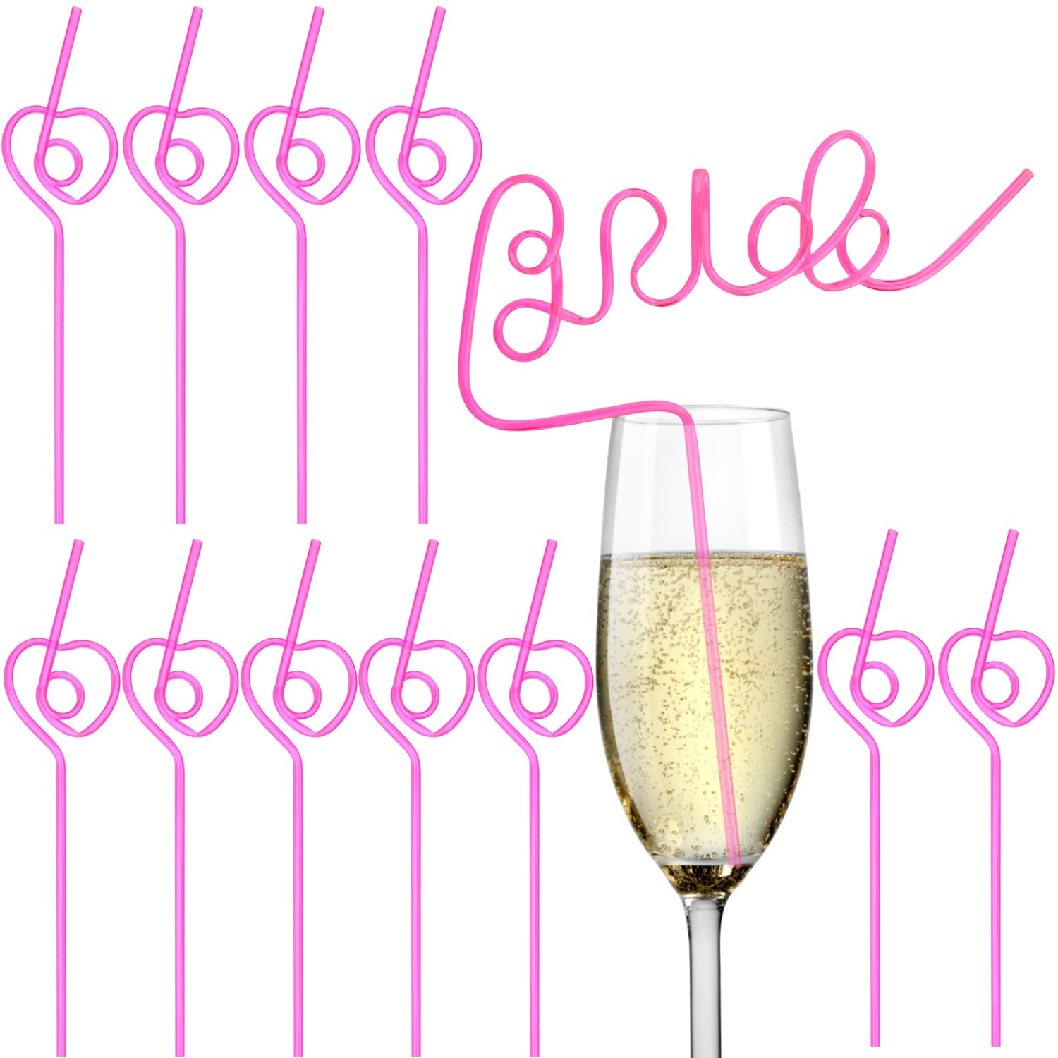 12 Pcs Reusable Bride Straws Heart Shape, Bachelorette Party Supplies Wedding Engagement Bridal Shower Party Decorations, Gifts for Bride, 11 Pcs Straws for Bachelorette & 1 Pcs Bride Straw