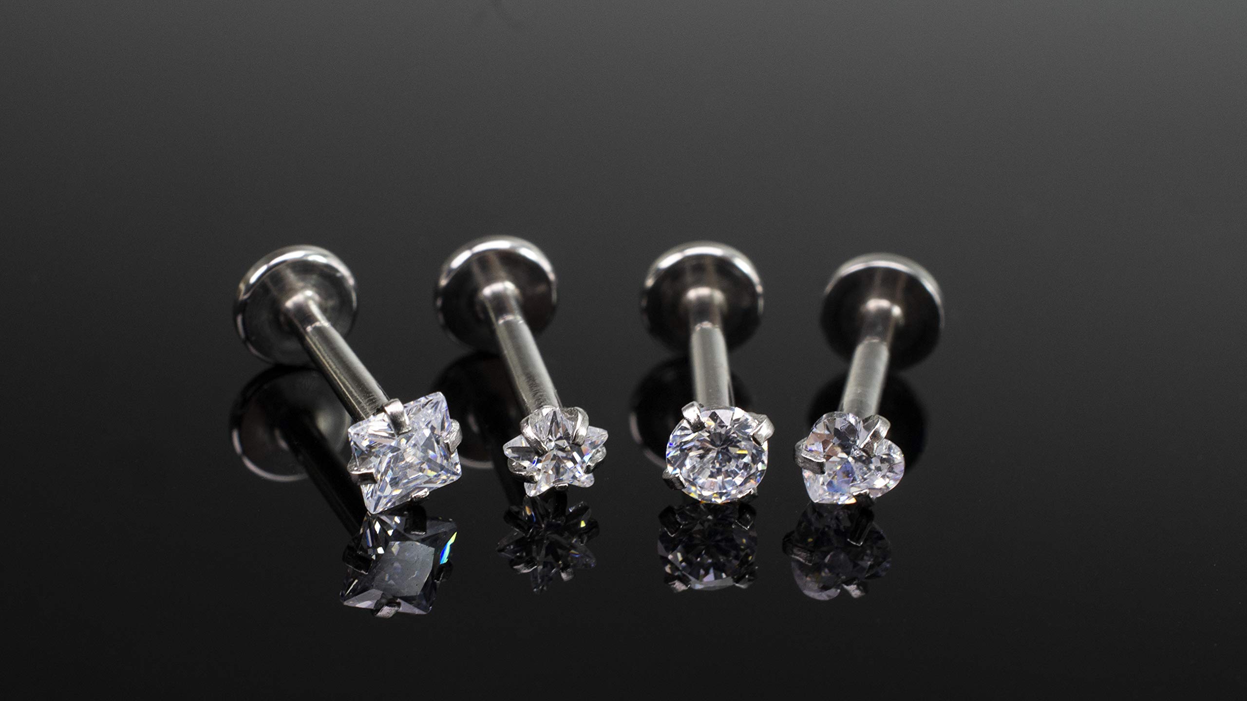 16G Love/Star/Square/Round Shape Clear CZ Labret Monroe Lip Ring Tragus Nail Helix Earring Stud Piercing Jewelry Surgical Stainless Steel Bar 8mm CZ 3mm 4 Pairs