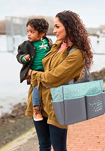 Baby Essentials Diaper Bag Tote 5 Piece Set with Sun, Moon, and Stars, Wipes Pocket, Dirty Diaper Pouch, Changing Pad (Grey/Aqua)