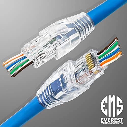Everest Media Solutions RJ45 Cat6/6a Pass Through Connectors for a Thick 23 AWG Large Diameter UTP Cable & Strain Relief Boots Pack of 50/50 | EZ Modular Plug for Solid or Stranded UTP Network Cable