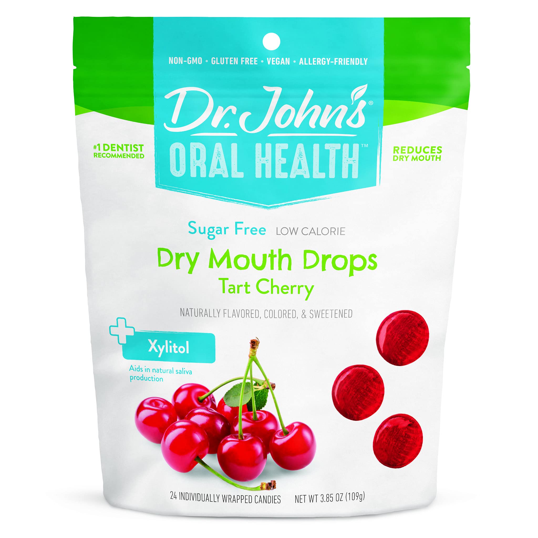 Dr. Johnās Oral Health Sugar Free Candy, Healthy Dry Mouth Drops with Zero Sugar, Low Calorie Snacks, Keto Friendly Hard Candy Sweets, Tart Cherry, 24 Count, 3.85 OZ