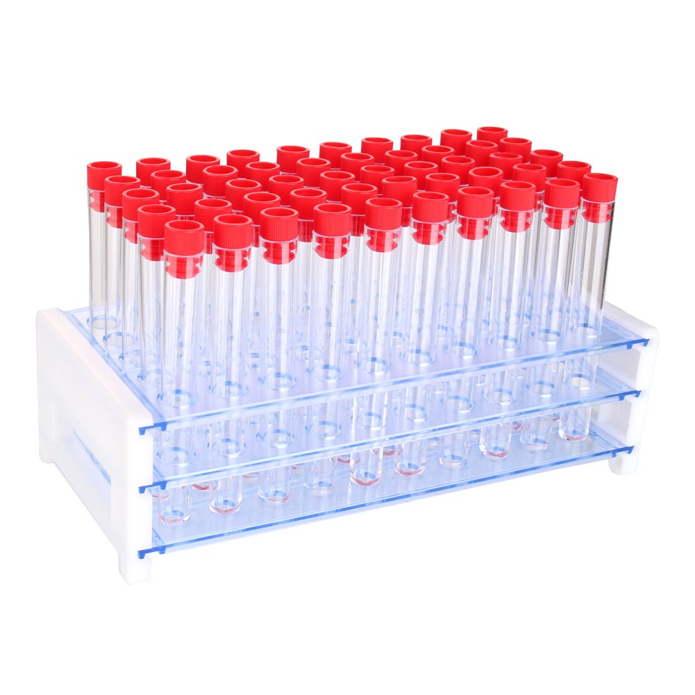 50 Tube - 13x100mm Clear Plastic Test Tube Set with Caps and Rack