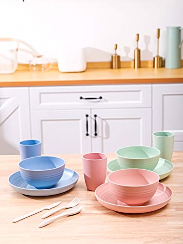 ECOSTAR Wheat Straw Dinnerware Sets, 28-Piece Kids Plates and Bowls Sets, Cutlery, Microwave Safe Unbreakable Dinnerware for Parties, Picnic, College Dorm, Camping, RV (Classic)
