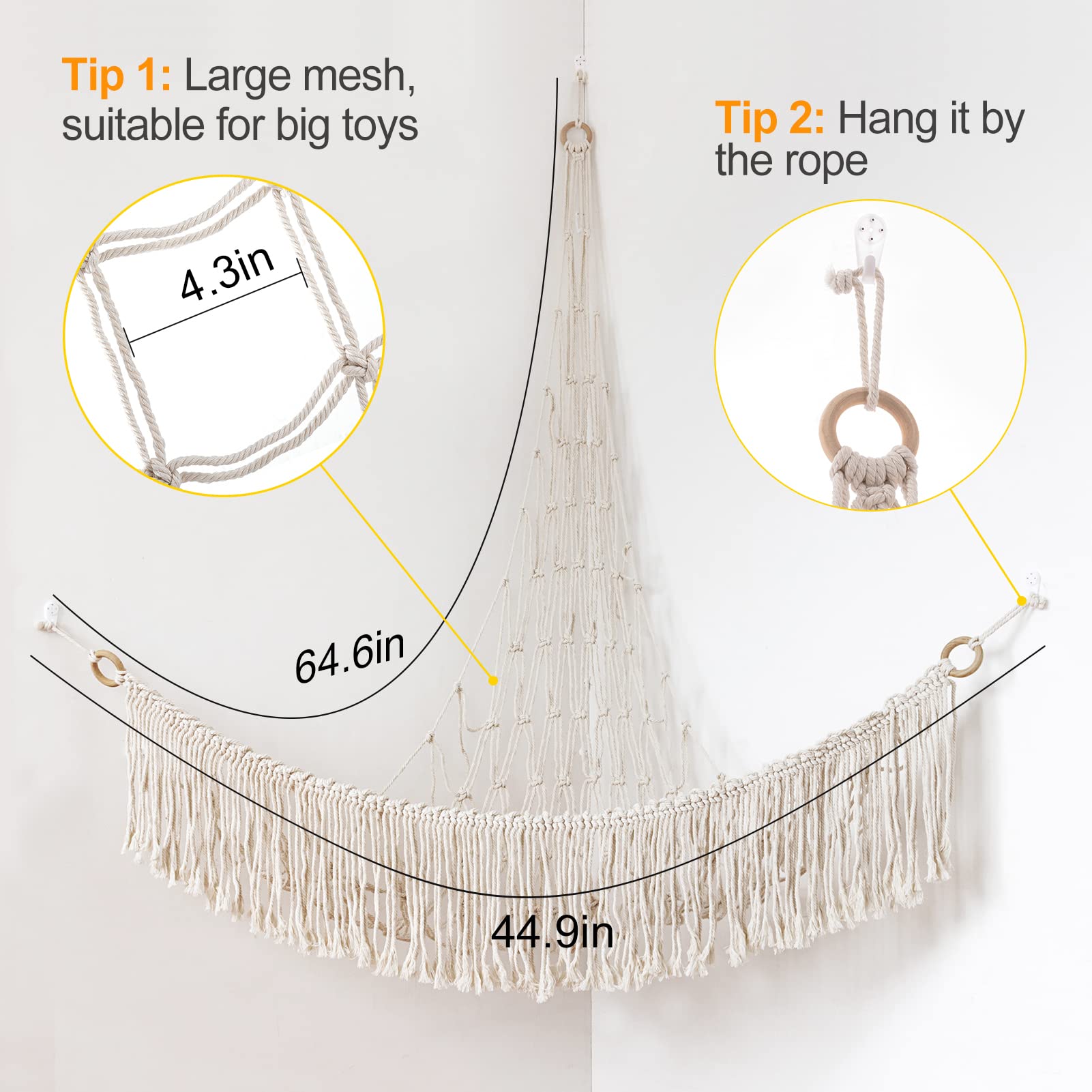 64.6" x 64.6" x 44.9" Boho Stuffed Animal Toy Corner Hammock- Large Size Macrame Toy Hammock with 3pcs Non-Trace Nails Hanging Toy Organizer Storage Net for Kids Bedroom Nursery Play Room